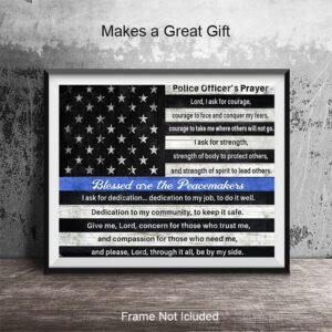 Police Officers Prayer Wall Art Print - Inspirational Religious Patriotic Thin Blue Line American Flag - Patriotic Gift for Cops, First Responders, Law Enforcement - Home or Room Decor Poster