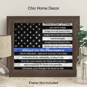 Police Officers Prayer Wall Art Print - Inspirational Religious Patriotic Thin Blue Line American Flag - Patriotic Gift for Cops, First Responders, Law Enforcement - Home or Room Decor Poster