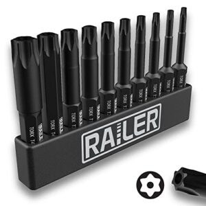 tamper proof torx bit set, railer 10-piece 6 point torx security screwdriver bit set. s2 steel impact driver 2" star bit set (t8, t9, t10, t15, t20, t25, t27, t30, t40, t45)