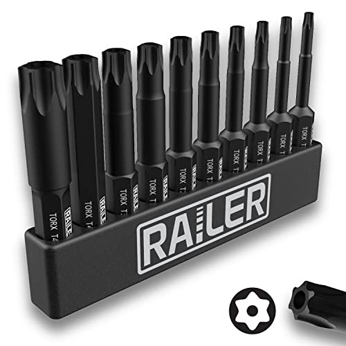 Tamper Proof TORX Bit Set, Railer 10-Piece 6 Point TORX Security Screwdriver Bit Set. S2 Steel Impact Driver 2" Star Bit Set (T8, T9, T10, T15, T20, T25, T27, T30, T40, T45)