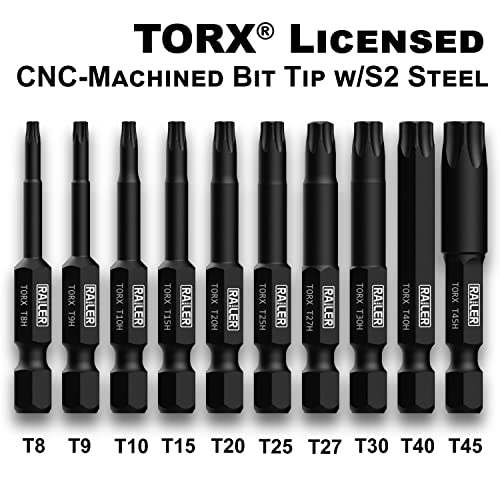 Tamper Proof TORX Bit Set, Railer 10-Piece 6 Point TORX Security Screwdriver Bit Set. S2 Steel Impact Driver 2" Star Bit Set (T8, T9, T10, T15, T20, T25, T27, T30, T40, T45)