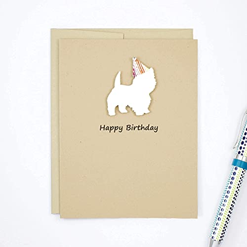 West Highland White Terrier Birthday Card | Handmade Westie Dog Greeting Card | Party Hat Single Card and Envelope