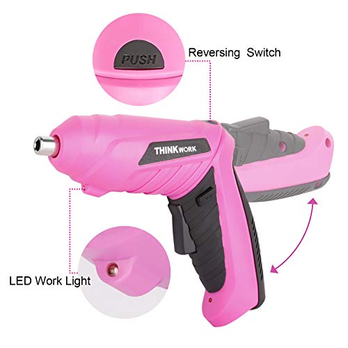 THINKWORK 122-Piece Pink Tool Set with 3.6V Rotatable Electric Screwdriver, Home Tool Kit for Women with Easy Carrying Round Pouch, Ladies Pink Tool Kit for Home Maintenance, DIY, Gifts