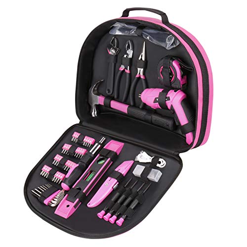 THINKWORK 122-Piece Pink Tool Set with 3.6V Rotatable Electric Screwdriver, Home Tool Kit for Women with Easy Carrying Round Pouch, Ladies Pink Tool Kit for Home Maintenance, DIY, Gifts