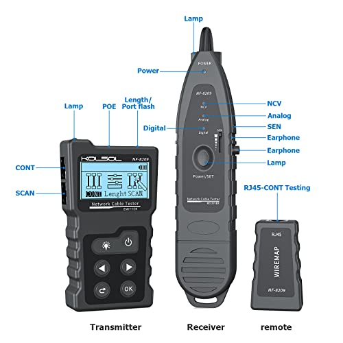 Network Cable Tester, Poe Cable Tester for CAT5e/CAT6/CAT6a, Ethernet Network Tester with NCV, NF-8209 Network Cable Tracker, Test Fault Distance Location and Length Measurement by TDR