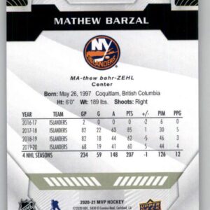 2020-21 Upper Deck MVP #173 Mathew Barzal New York Islanders NHL Hockey Trading Card