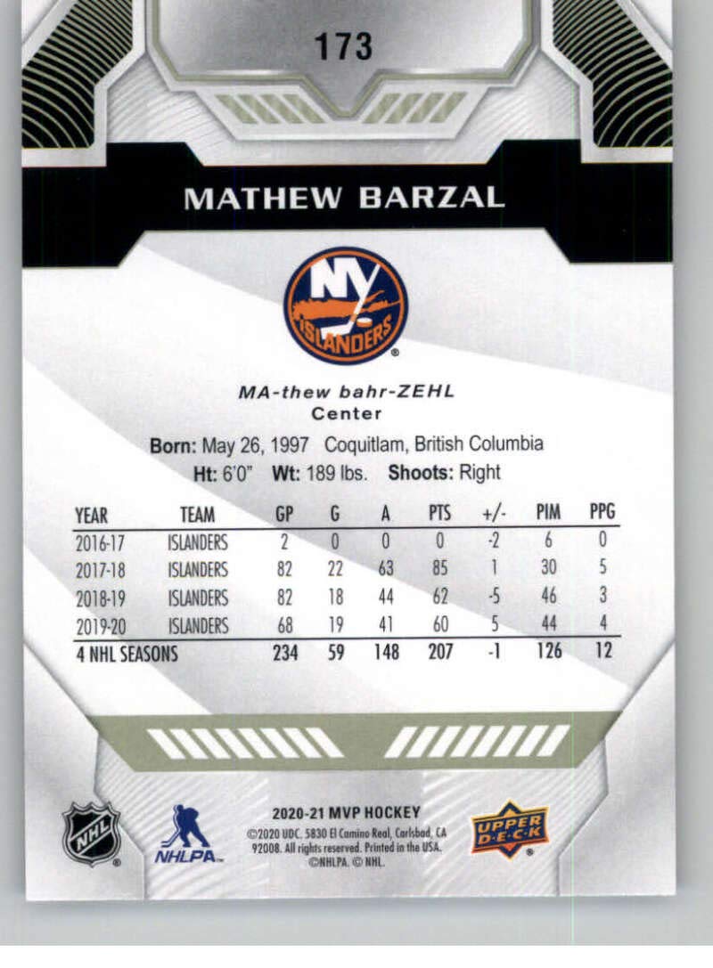 2020-21 Upper Deck MVP #173 Mathew Barzal New York Islanders NHL Hockey Trading Card