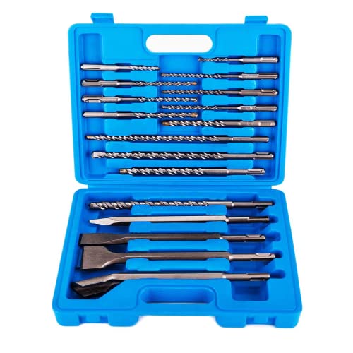 tonchean Rotary Hammer Drill Bits Set 17 PCS SDS Plus 40Cr Carbon Steel Concrete Masonry Chisel Set with Storage Carrying Case - 4 Flutes Drill Bit Carbide Tipped for Brick, Stone and Concrete