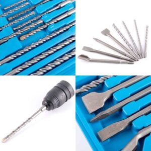 tonchean Rotary Hammer Drill Bits Set 17 PCS SDS Plus 40Cr Carbon Steel Concrete Masonry Chisel Set with Storage Carrying Case - 4 Flutes Drill Bit Carbide Tipped for Brick, Stone and Concrete