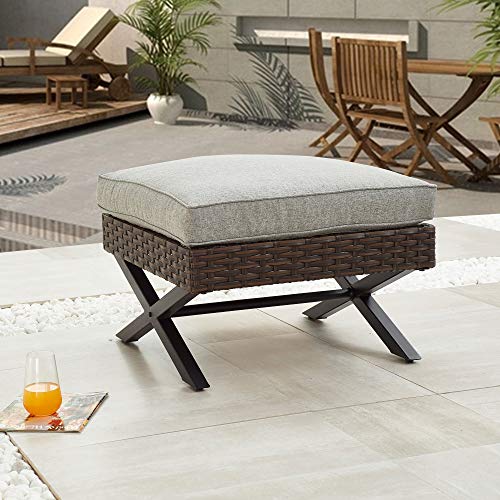 LOKATSE HOME Patio Wicker Ottoman Outdoor Bistro Furniture X-Shaped All-Weather Slatted Steel Leg Rattan Footstool with Cushion, Gray