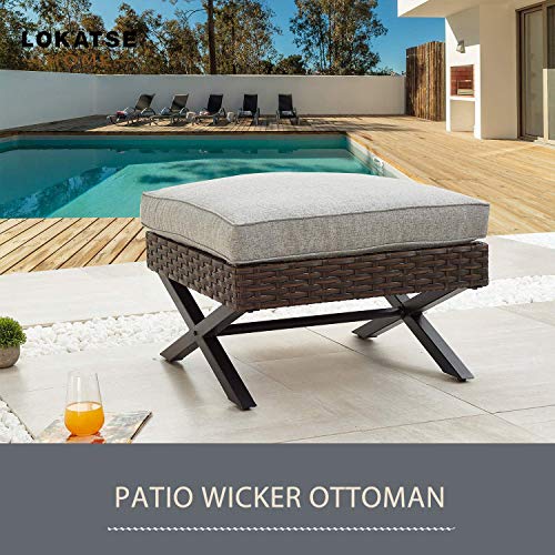 LOKATSE HOME Patio Wicker Ottoman Outdoor Bistro Furniture X-Shaped All-Weather Slatted Steel Leg Rattan Footstool with Cushion, Gray