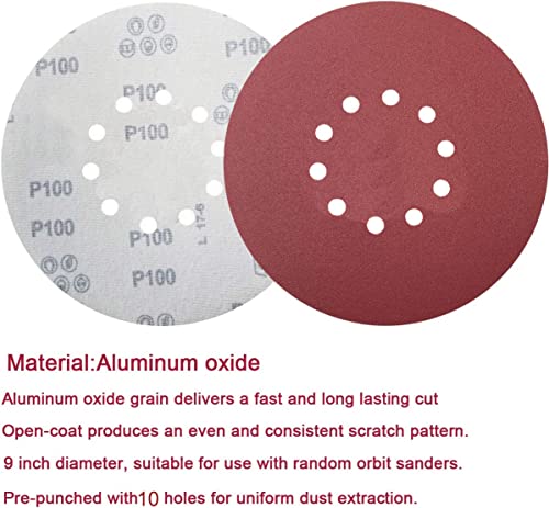 Tonmp 50 PCS 9-Inch 10-Hole Hook-and-Loop Sanding Discs for Drywall Sander -10 Pack Each of 60 80 120 150 240 Grits Sander Paper