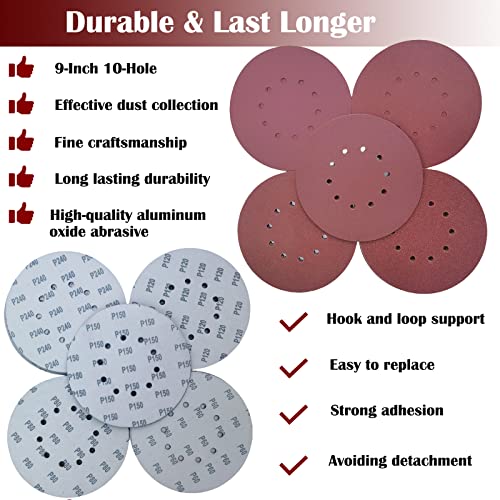 Tonmp 50 PCS 9-Inch 10-Hole Hook-and-Loop Sanding Discs for Drywall Sander -10 Pack Each of 60 80 120 150 240 Grits Sander Paper