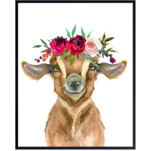 Cute Baby Goat w/Flower Crown Wall Art Home Decor - Decoration for Girls or Boys Bedroom, Nursery, Kids Room, Playroom, Preschool, Daycare - Farmhouse, Farm Theme Gift - Baby Animals Picture Print