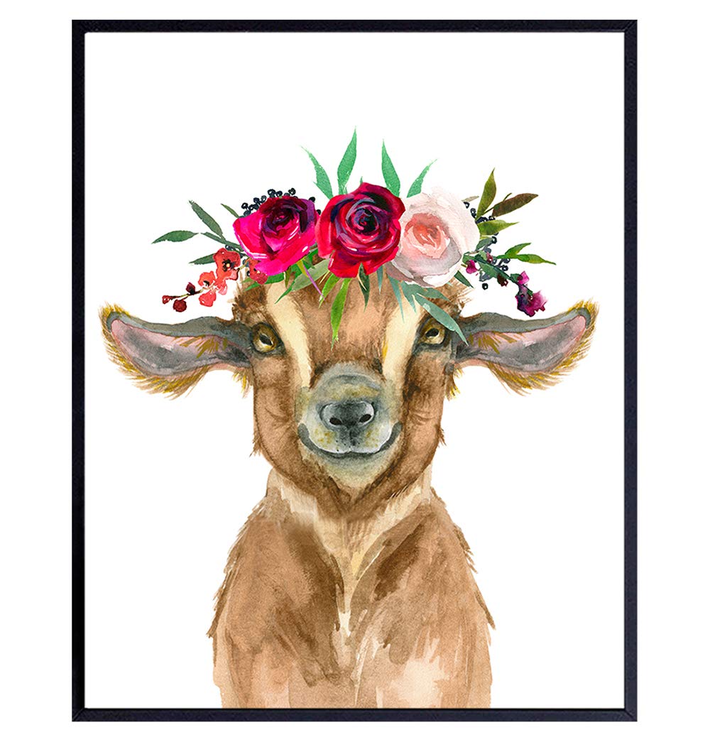 Cute Baby Goat w/Flower Crown Wall Art Home Decor - Decoration for Girls or Boys Bedroom, Nursery, Kids Room, Playroom, Preschool, Daycare - Farmhouse, Farm Theme Gift - Baby Animals Picture Print