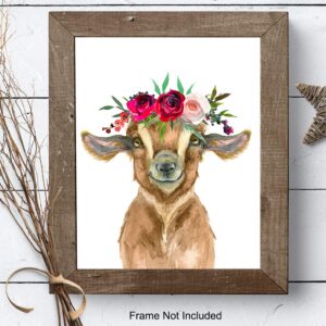 Cute Baby Goat w/Flower Crown Wall Art Home Decor - Decoration for Girls or Boys Bedroom, Nursery, Kids Room, Playroom, Preschool, Daycare - Farmhouse, Farm Theme Gift - Baby Animals Picture Print