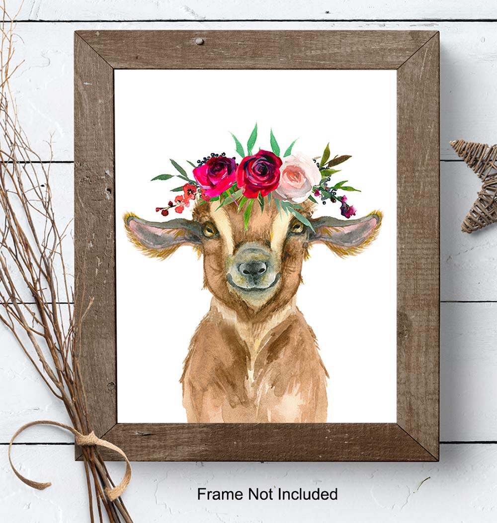 Cute Baby Goat w/Flower Crown Wall Art Home Decor - Decoration for Girls or Boys Bedroom, Nursery, Kids Room, Playroom, Preschool, Daycare - Farmhouse, Farm Theme Gift - Baby Animals Picture Print