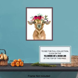 Cute Baby Goat w/Flower Crown Wall Art Home Decor - Decoration for Girls or Boys Bedroom, Nursery, Kids Room, Playroom, Preschool, Daycare - Farmhouse, Farm Theme Gift - Baby Animals Picture Print