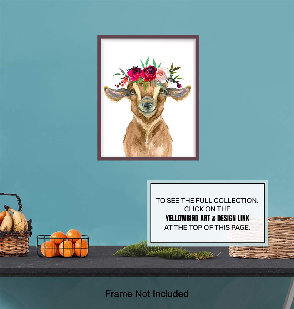 Cute Baby Goat w/Flower Crown Wall Art Home Decor - Decoration for Girls or Boys Bedroom, Nursery, Kids Room, Playroom, Preschool, Daycare - Farmhouse, Farm Theme Gift - Baby Animals Picture Print