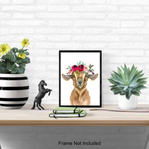 Cute Baby Goat w/Flower Crown Wall Art Home Decor - Decoration for Girls or Boys Bedroom, Nursery, Kids Room, Playroom, Preschool, Daycare - Farmhouse, Farm Theme Gift - Baby Animals Picture Print