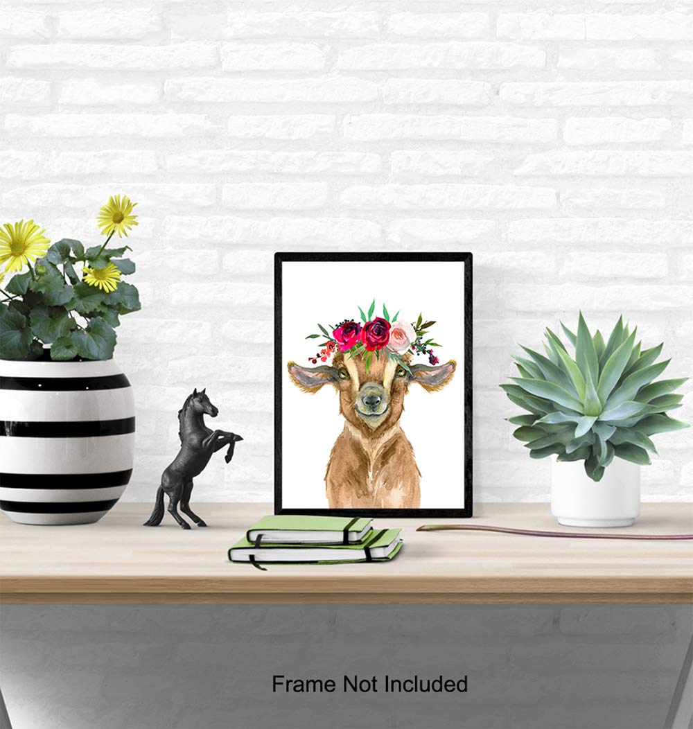 Cute Baby Goat w/Flower Crown Wall Art Home Decor - Decoration for Girls or Boys Bedroom, Nursery, Kids Room, Playroom, Preschool, Daycare - Farmhouse, Farm Theme Gift - Baby Animals Picture Print