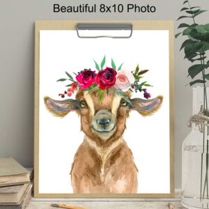 Cute Baby Goat w/Flower Crown Wall Art Home Decor - Decoration for Girls or Boys Bedroom, Nursery, Kids Room, Playroom, Preschool, Daycare - Farmhouse, Farm Theme Gift - Baby Animals Picture Print