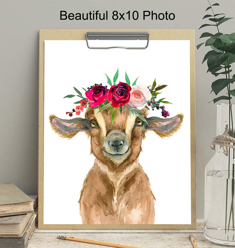 Cute Baby Goat w/Flower Crown Wall Art Home Decor - Decoration for Girls or Boys Bedroom, Nursery, Kids Room, Playroom, Preschool, Daycare - Farmhouse, Farm Theme Gift - Baby Animals Picture Print