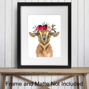 Cute Baby Goat w/Flower Crown Wall Art Home Decor - Decoration for Girls or Boys Bedroom, Nursery, Kids Room, Playroom, Preschool, Daycare - Farmhouse, Farm Theme Gift - Baby Animals Picture Print