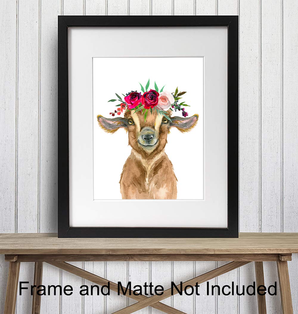 Cute Baby Goat w/Flower Crown Wall Art Home Decor - Decoration for Girls or Boys Bedroom, Nursery, Kids Room, Playroom, Preschool, Daycare - Farmhouse, Farm Theme Gift - Baby Animals Picture Print