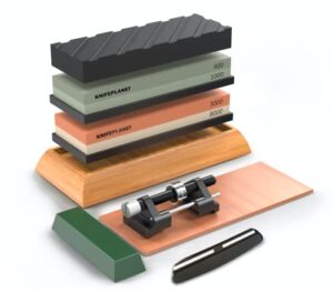 premium knife sharpening stone set – 400/1000 and 3000/8000-grit professional, whetstone set includes flattening stone, bamboo base, leather strop, honing guide, angle tool and abrasive compound