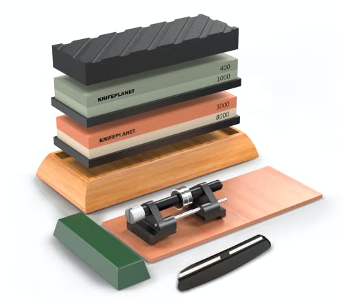 Premium Knife Sharpening Stone Set – 400/1000 and 3000/8000-Grit Professional, Whetstone Set Includes Flattening Stone, Bamboo Base, Leather Strop, Honing Guide, Angle tool and Abrasive Compound