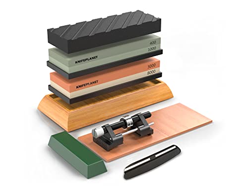 Premium Knife Sharpening Stone Set – 400/1000 and 3000/8000-Grit Professional, Whetstone Set Includes Flattening Stone, Bamboo Base, Leather Strop, Honing Guide, Angle tool and Abrasive Compound