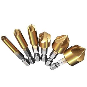 y-imoi - countersink drill bit countersink drill bit set 6 pcs 1/4'' hex shank titanium plated hss 5 flute countersink 90 degree center punch tool chamfer bit sets for wood quick change bit 6mm-19mm