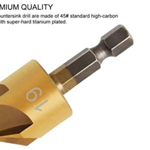 Y-imoi - Countersink Drill Bit Countersink Drill Bit Set 6 Pcs 1/4'' Hex Shank Titanium Plated HSS 5 Flute Countersink 90 Degree Center Punch Tool Chamfer Bit Sets for Wood Quick Change Bit 6mm-19mm