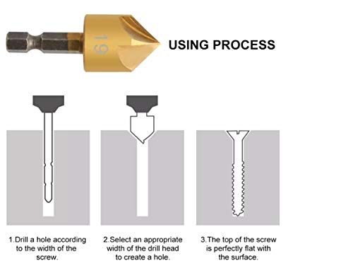 Y-imoi - Countersink Drill Bit Countersink Drill Bit Set 6 Pcs 1/4'' Hex Shank Titanium Plated HSS 5 Flute Countersink 90 Degree Center Punch Tool Chamfer Bit Sets for Wood Quick Change Bit 6mm-19mm