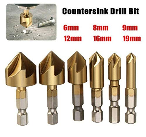 Y-imoi - Countersink Drill Bit Countersink Drill Bit Set 6 Pcs 1/4'' Hex Shank Titanium Plated HSS 5 Flute Countersink 90 Degree Center Punch Tool Chamfer Bit Sets for Wood Quick Change Bit 6mm-19mm