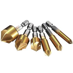 Y-imoi - Countersink Drill Bit Countersink Drill Bit Set 6 Pcs 1/4'' Hex Shank Titanium Plated HSS 5 Flute Countersink 90 Degree Center Punch Tool Chamfer Bit Sets for Wood Quick Change Bit 6mm-19mm