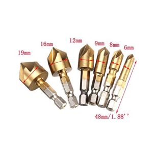 Y-imoi - Countersink Drill Bit Countersink Drill Bit Set 6 Pcs 1/4'' Hex Shank Titanium Plated HSS 5 Flute Countersink 90 Degree Center Punch Tool Chamfer Bit Sets for Wood Quick Change Bit 6mm-19mm