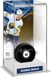 rasmus dahlin buffalo sabres autographed puck with 50th anniversary alternate jersey deluxe tall hockey puck display case - autographed nhl pucks