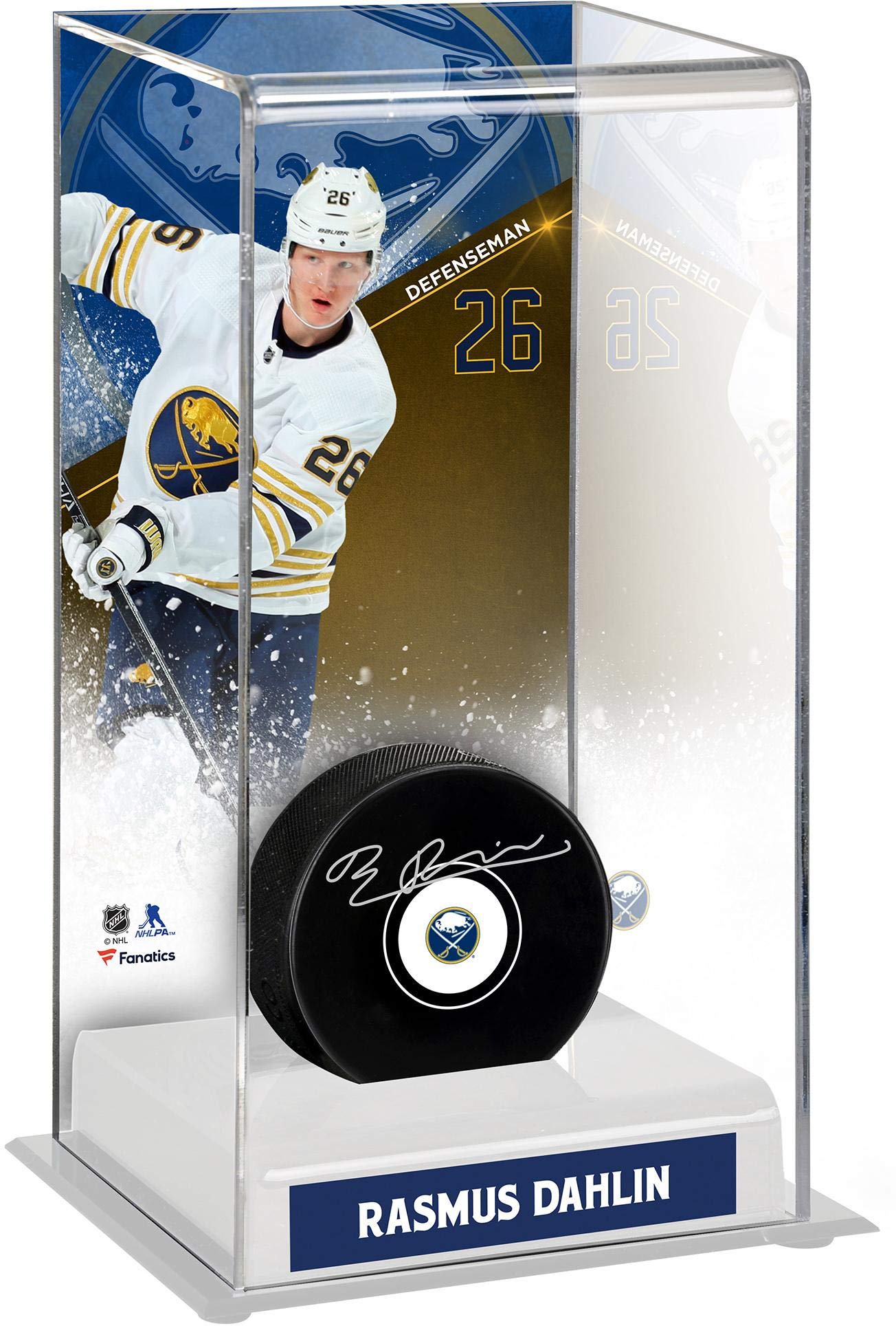 Rasmus Dahlin Buffalo Sabres Autographed Puck with 50th Anniversary Alternate Jersey Deluxe Tall Hockey Puck Display Case - Autographed NHL Pucks