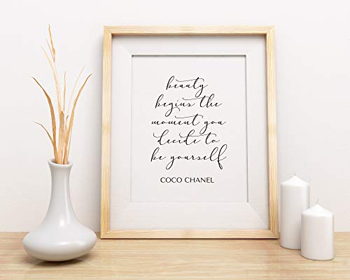 ‘Beauty Begins the Moment You Decide to be Yourself’ Coco Chanel Wall Art | 11x14 UNFRAMED Black and White Art Print | Contemporary, Positive, Inspirational, Famous Quotes, Encouraging Home Decor