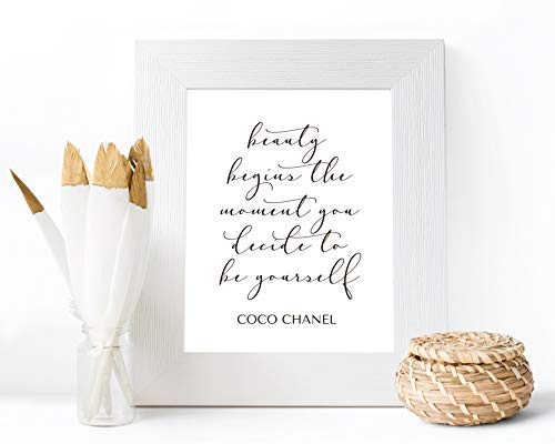 ‘Beauty Begins the Moment You Decide to be Yourself’ Coco Chanel Wall Art | 11x14 UNFRAMED Black and White Art Print | Contemporary, Positive, Inspirational, Famous Quotes, Encouraging Home Decor