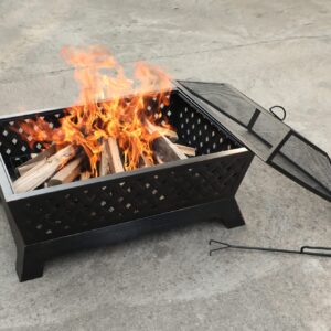 PHI VILLA Outdoor Wood Burning Fire Pits, Rectangular Deep Bowl Large Patio Firepit with Spark Screen, Poker & Metal Grate, 34" x 26"