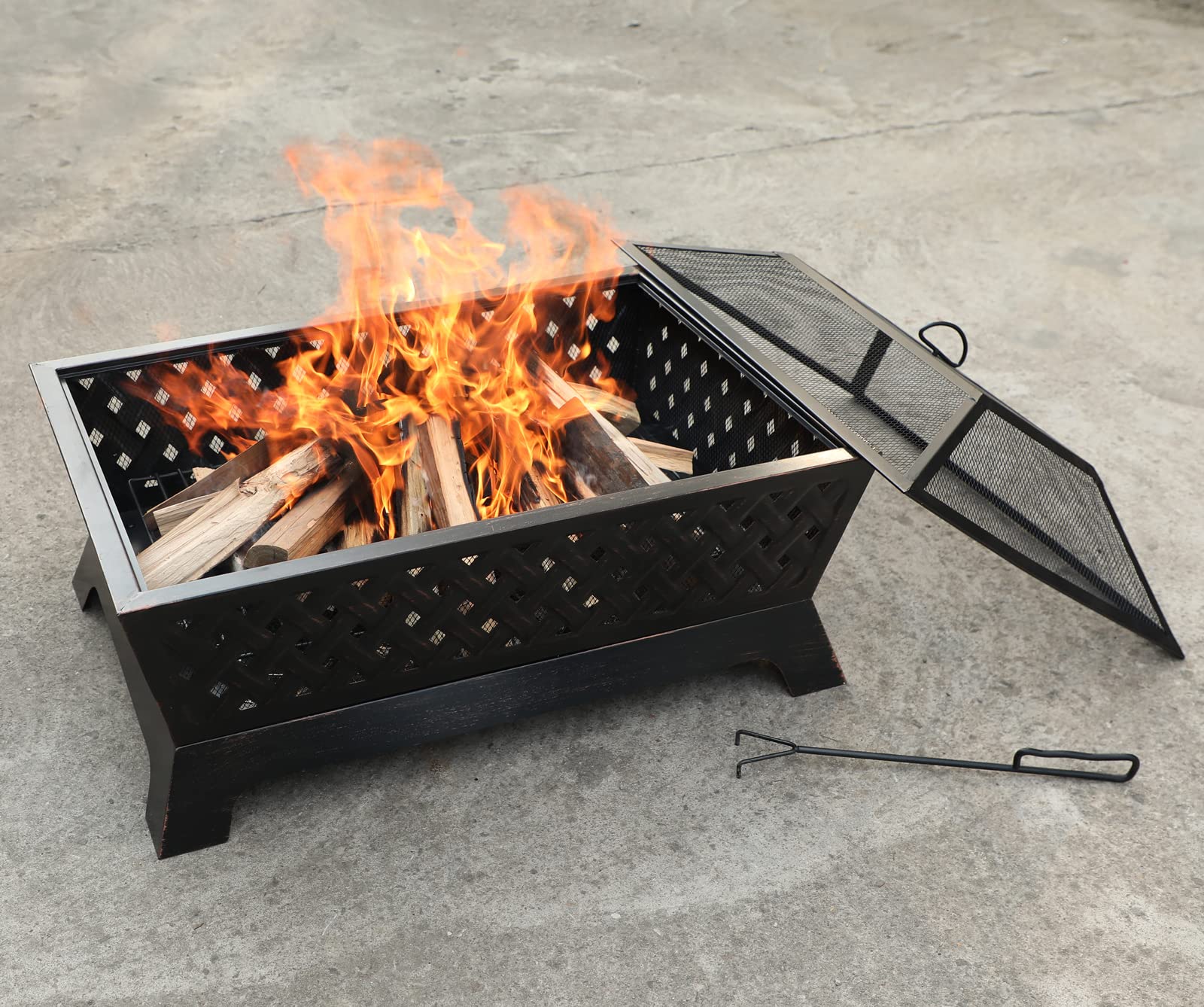 PHI VILLA Outdoor Wood Burning Fire Pits, Rectangular Deep Bowl Large Patio Firepit with Spark Screen, Poker & Metal Grate, 34" x 26"