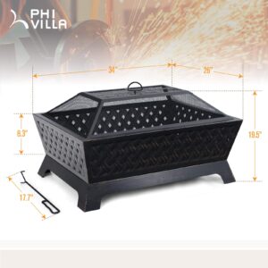 PHI VILLA Outdoor Wood Burning Fire Pits, Rectangular Deep Bowl Large Patio Firepit with Spark Screen, Poker & Metal Grate, 34" x 26"