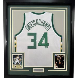 framed autographed/signed giannis antetokounmpo 33x42 milwaukee white basketball jersey jsa coa