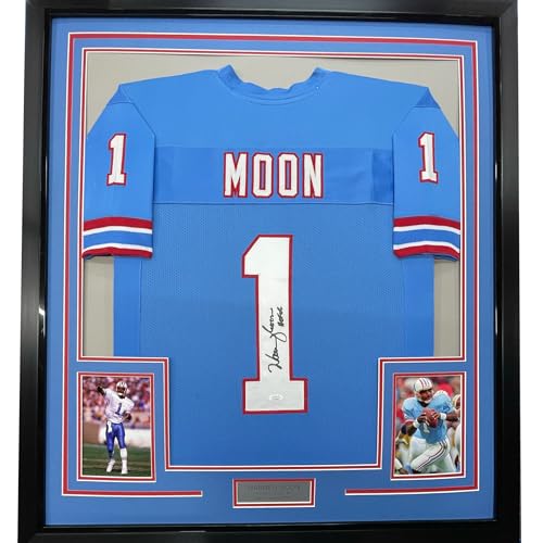 Framed Autographed/Signed Warren Moon HOF 06 33x42 Houston Blue Football Jersey JSA COA