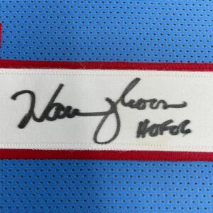 Framed Autographed/Signed Warren Moon HOF 06 33x42 Houston Blue Football Jersey JSA COA