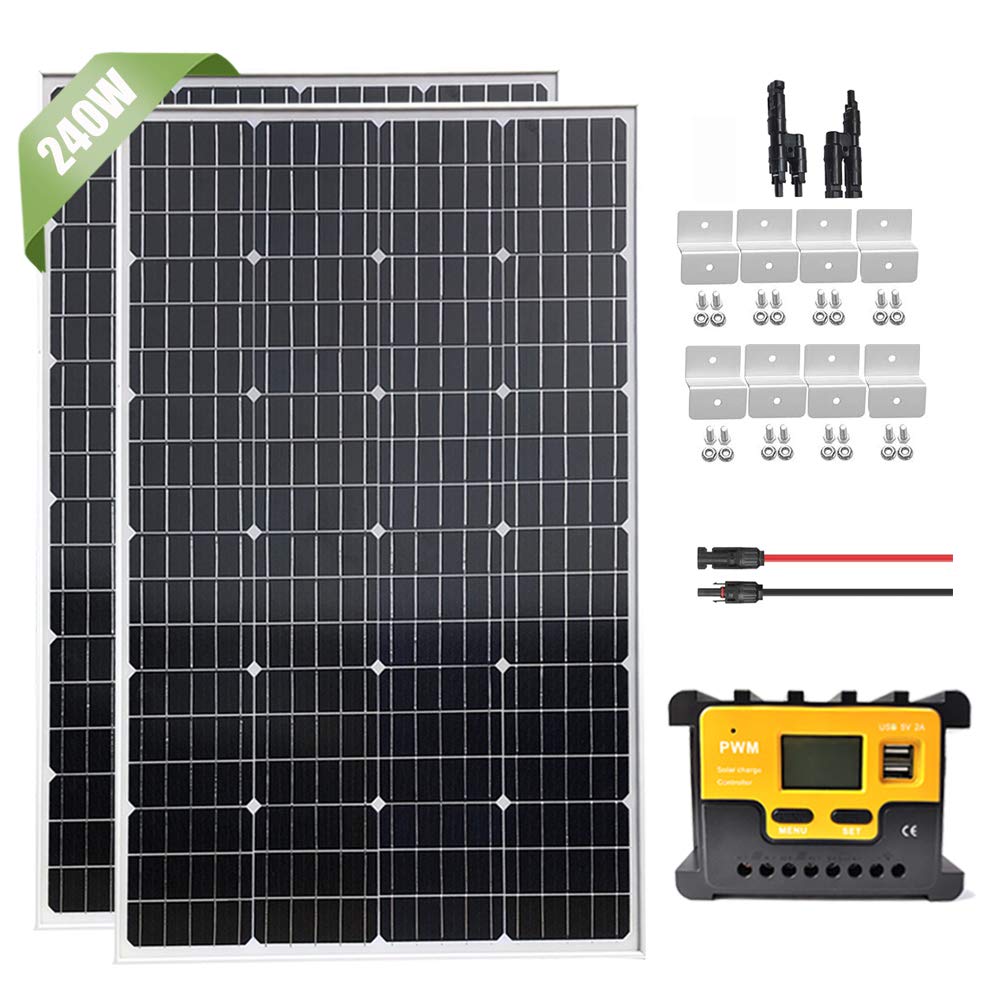 240W Solar Panel Starter Kit with 20A LCD Charge Controller & Cable & Z Brackets & Connector, 2pcs 120W Monocrystalline Solar Panel 12V 24V Battery Charger