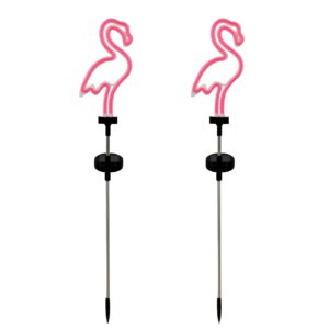 pink flamingo solar garden stake lights, [set of 2] outdoor solar pathway light for lawn patio yard walkway, neon pink lighting (30" height)